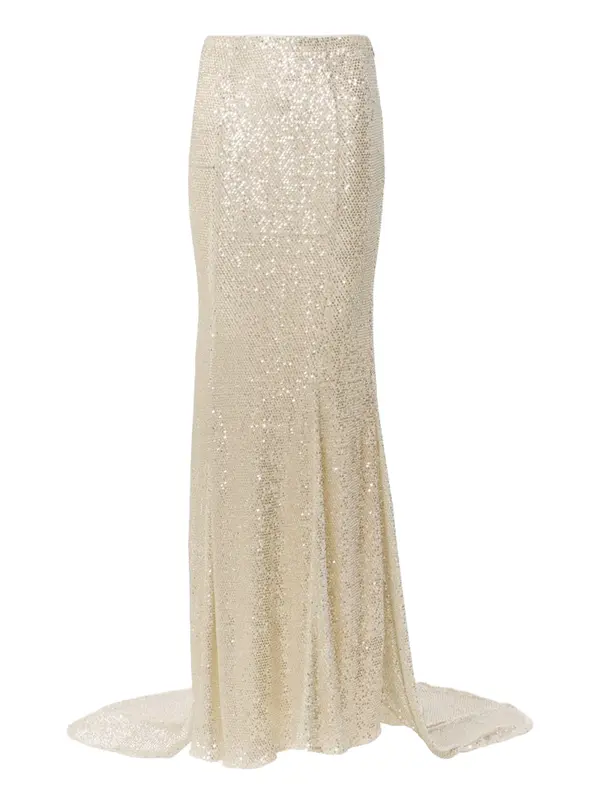 SELF-PORTRAIT Rhinestone-embellished Mesh Maxi Skirt - Beige