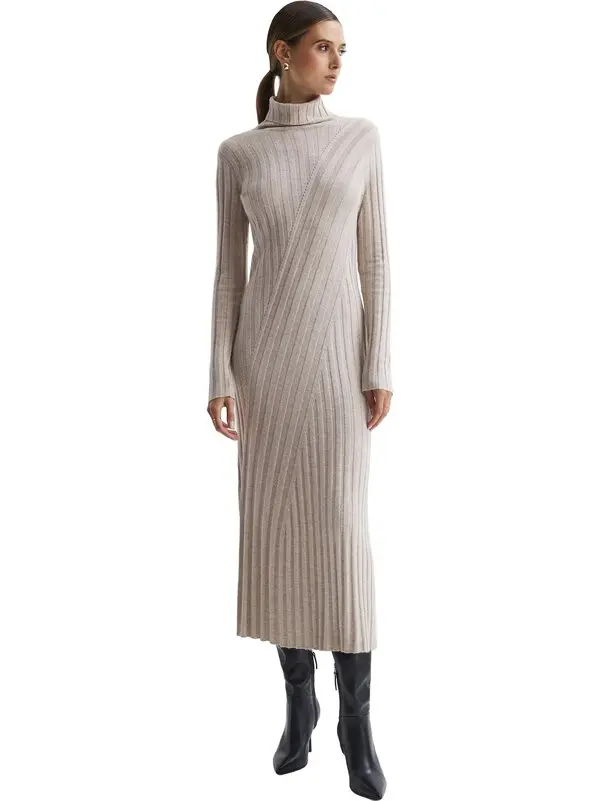 REISS Cady Knitted Roll Neck Midi Dress - Neutral