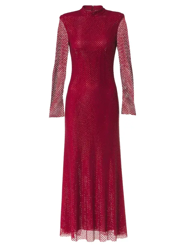 SELF-PORTRAIT Embellished Fishnet Midi Dress - Red
