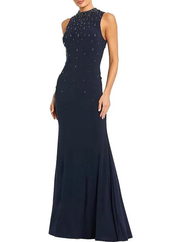 Mac Duggal High Neck Beaded Jersey Gown - Navy