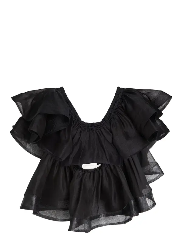Zimmermann Cropped Tiered Linen And Silk-blend Top - Black