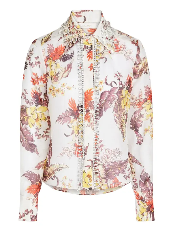 Zimmermann Embellished Floral-print Linen And Silk-blend Shirt - Ivory