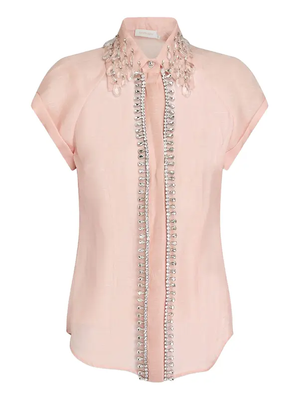 Zimmermann Embellished Linen And Silk-blend Organza Shirt - Blush