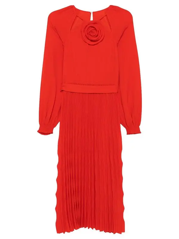 NISSA Floral Appliqué Pleated Midi Dress - Red