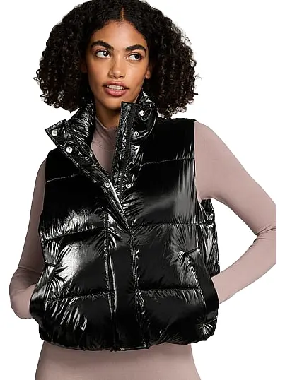 Pink High Shine Puffer Vest - Black