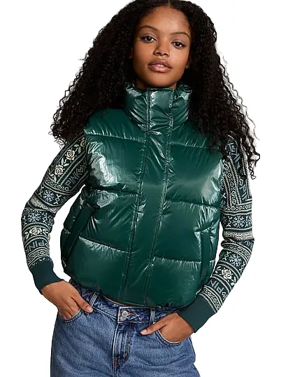 Pink High Shine Puffer Vest - Green