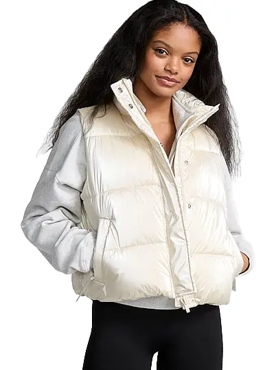 Pink High Shine Puffer Vest - White,ivory