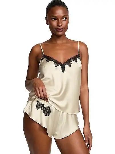 Victoria's Secret Satin Lace-trim Cami & Flutter Short Set - Beige