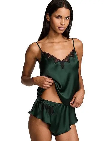 Victoria's Secret Satin Lace-trim Cami & Flutter Short Set - Green