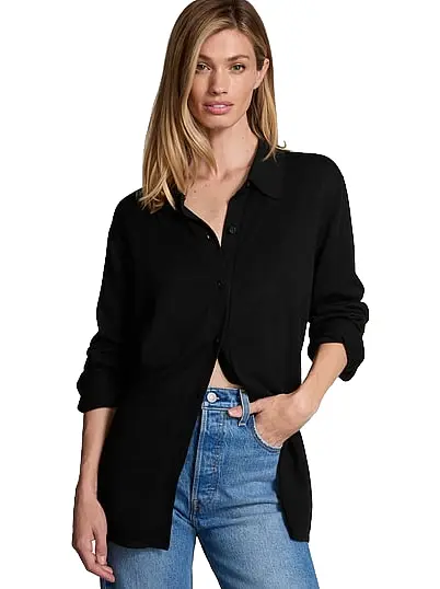 Victoria's Secret Luxe Crème Knit Button-up Shirt - Black