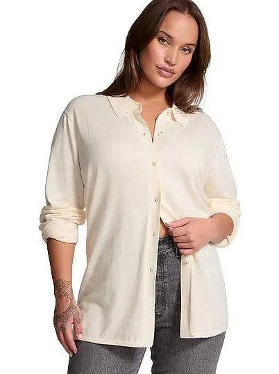 Victoria's Secret Luxe Crème Knit Button-up Shirt - White,ivory