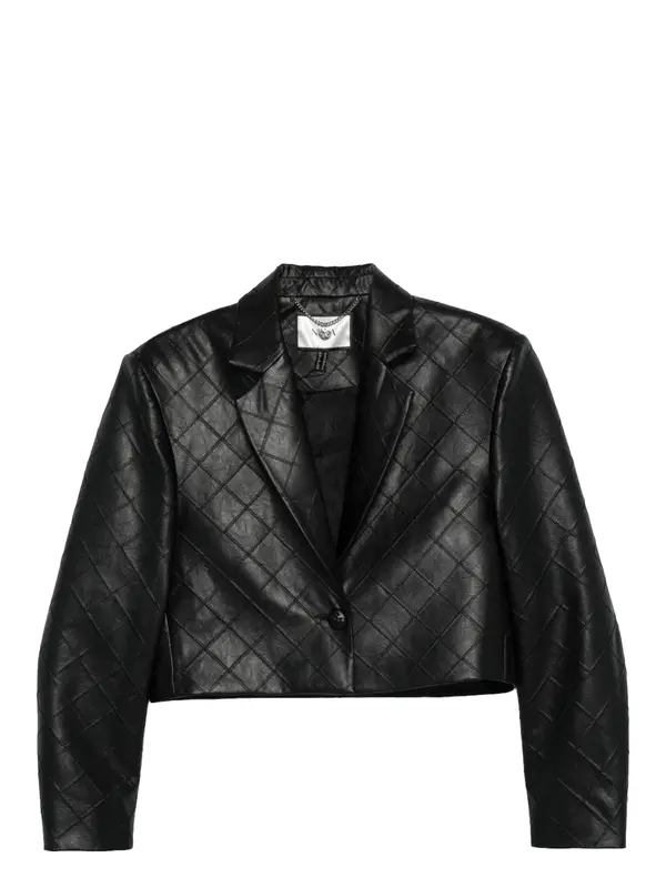 NISSA Faux Leather Diamond Pattern Blazer - Black
