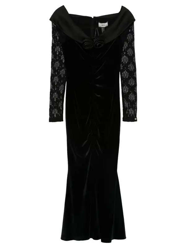 NISSA Floral-appliqué Velvet Midi Dress - Black