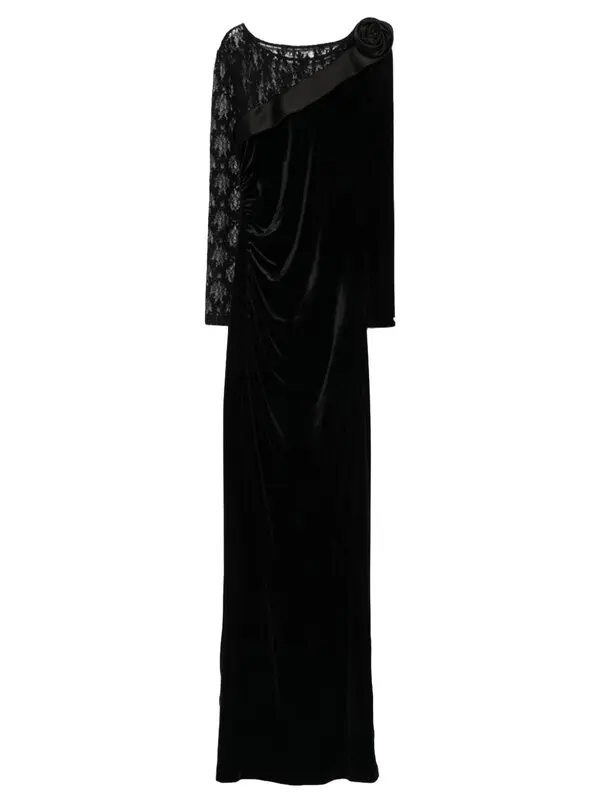 NISSA Lace-insert Velvet Maxi Dress - Black