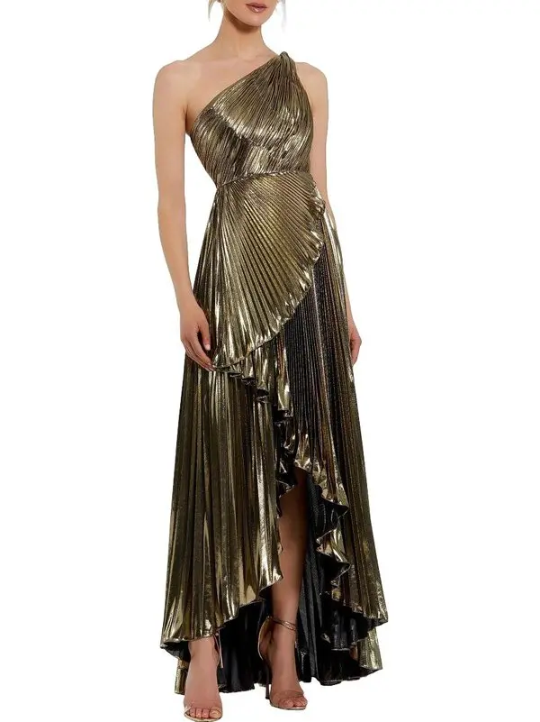 Mac Duggal Metallic Pleated One-shoulder Faux-wrap Gown - Gold