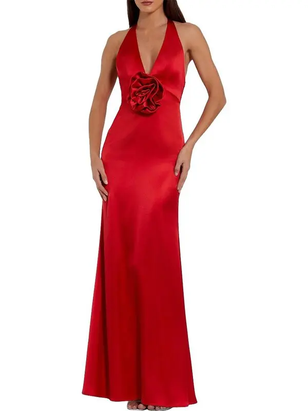 Mac Duggal Satin Rosette V-neck Slip Gown - Red