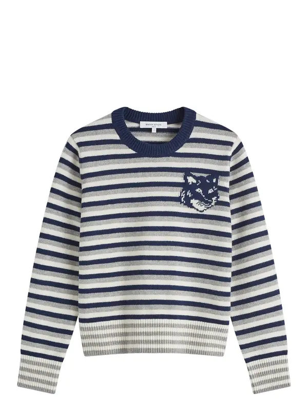 Maison Kitsuné Fox Head Intarsia Striped Jumper - Navy