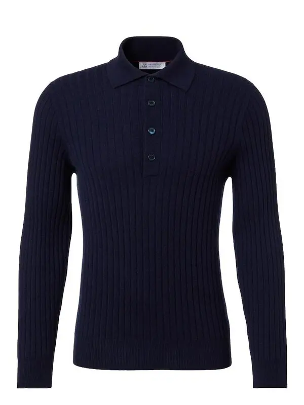 Brunello Cucinelli Ribbed Knit Cashmere Polo Sweater - Blue