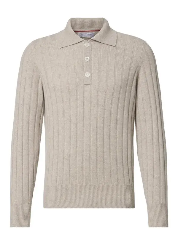 Brunello Cucinelli Ribbed Knit Cashmere Polo Sweater - Grey