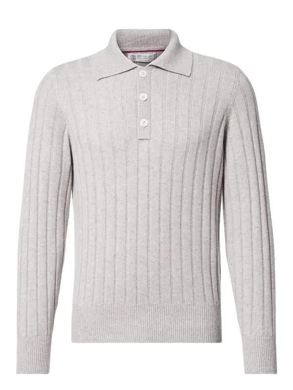 Brunello Cucinelli Ribbed Knit Cashmere Polo Sweater - Grey