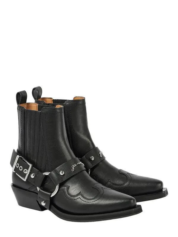 GANNI Embroidered Faux Leather Cowboy Boots - Black