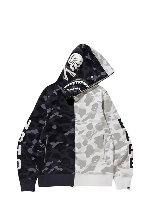 BAPE X Neighborhood Split Camo Shark Full Zip Hoodie - Black