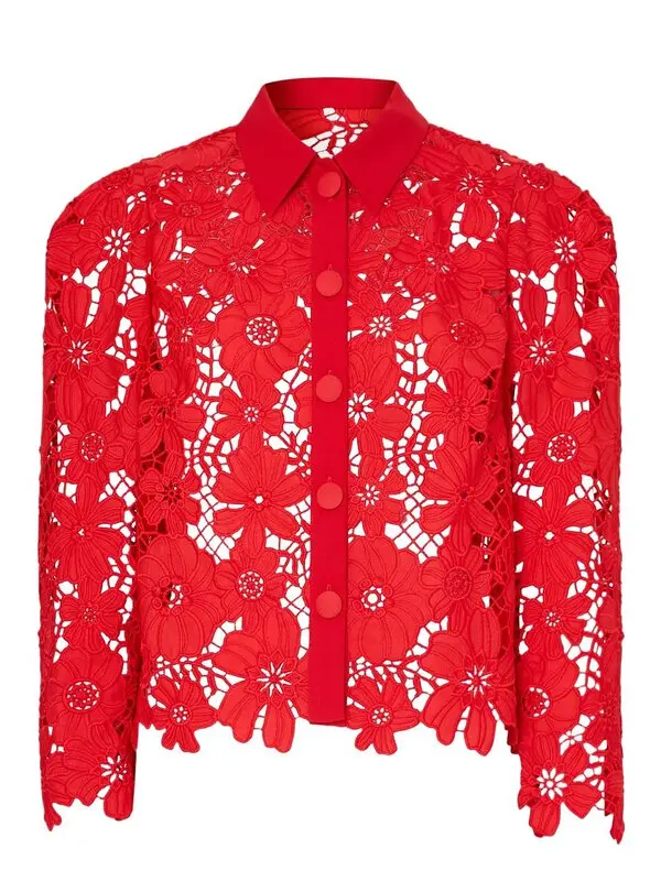 MILLY Roja Lace Long Sleeve Top - Red