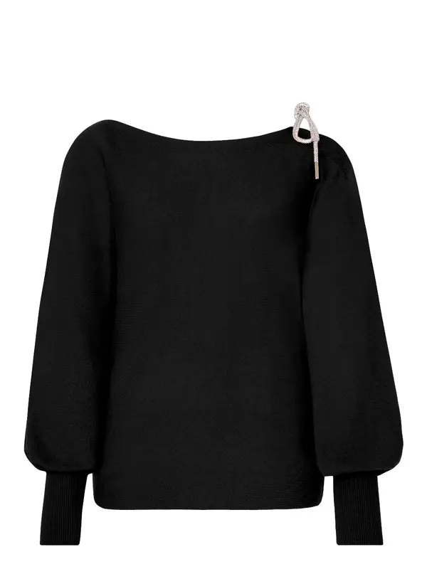 MILLY Ida Crystal Bow Cold Shoulder Long Sleeve Sweater - Black