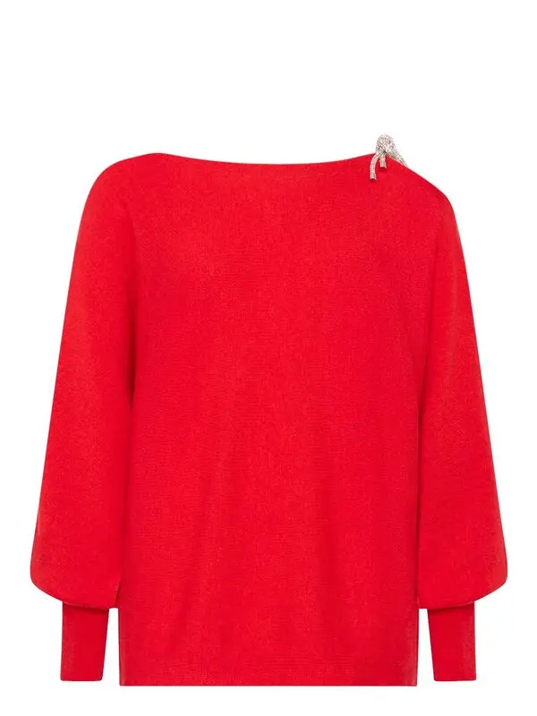 MILLY Ida Crystal Bow Cold Shoulder Long Sleeve Sweater - Red