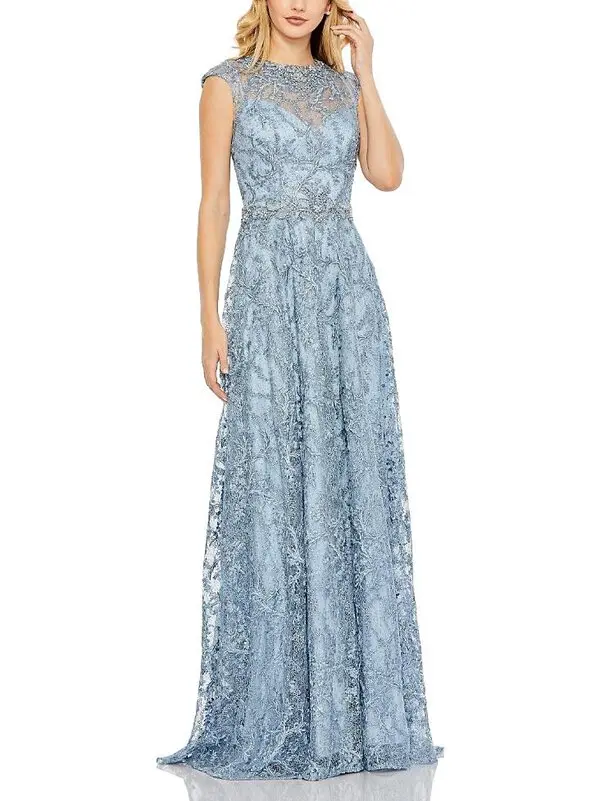 Mac Duggal Embroidered A-line Gown With Cap Sleeves - Slate Blue