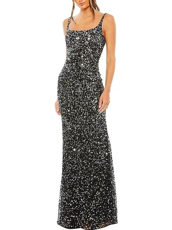 Mac Duggal Sequined Low Back Slip Gown - Black