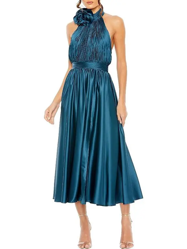 Mac Duggal Pleated Charmeuse High Neck Midi Dress - Ocean