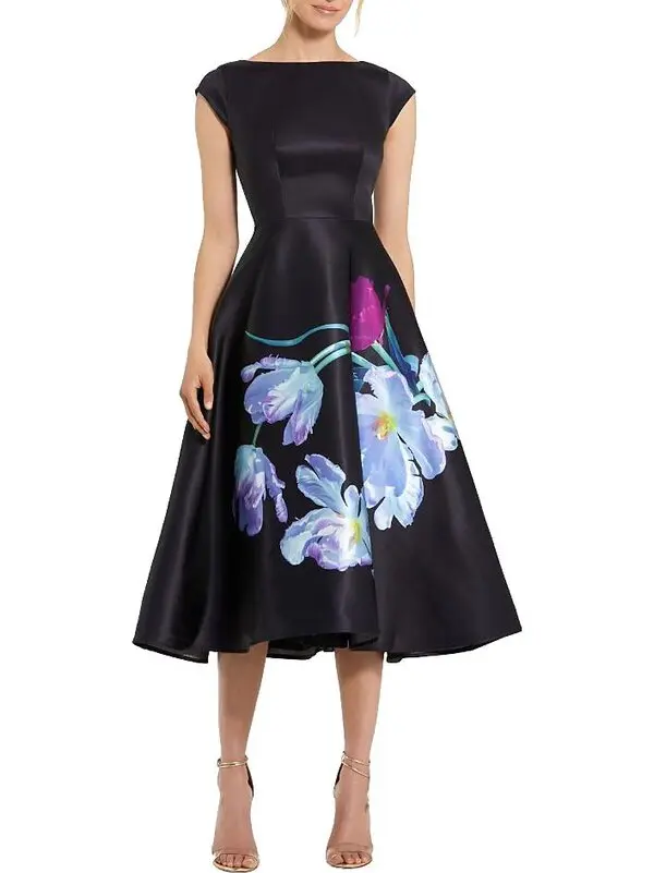 Mac Duggal Satin Midi Dress With Floral Print And Cap Sleeves - Black Multi
