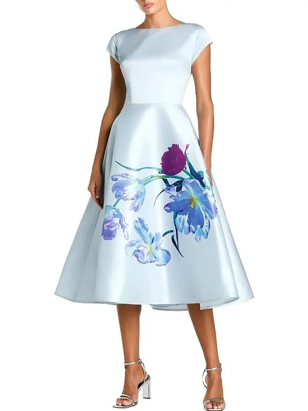Mac Duggal Satin Midi Dress With Floral Print And Cap Sleeves - Periwinkle Multi