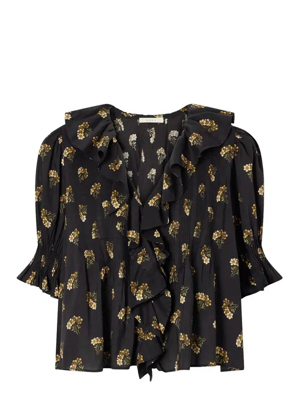 DÔEN Henri Ruffled Pintucked Floral-print Top - Black