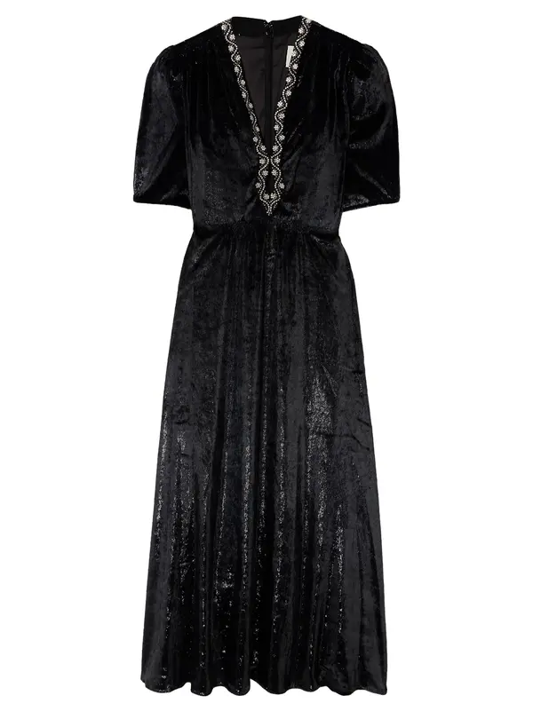Saloni Tabitha Embellished Metallic Velvet Midi Dress - Black