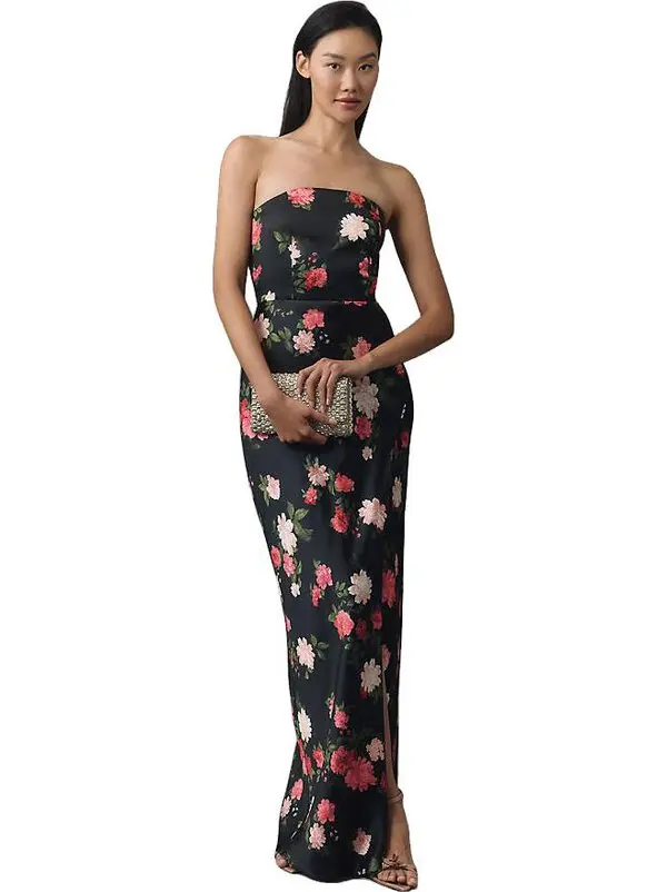 Bhldn Avianna Stretch Satin Strapless Side-slit Maxi Dress - Black Floral Placed