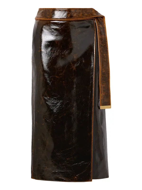 Brandon Maxwell Evelyn Coated Wool-blend Wrap Midi Skirt - Brown