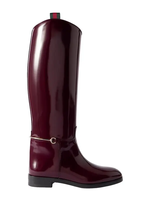 Gucci Webbing-trimmed Horsebit-embellished Patent-leather Knee High Boots - Burgundy