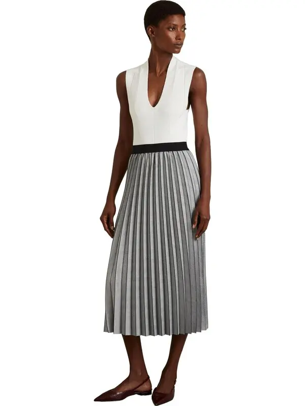 REISS Nova Checked Pleated Midi Skirt - Grey