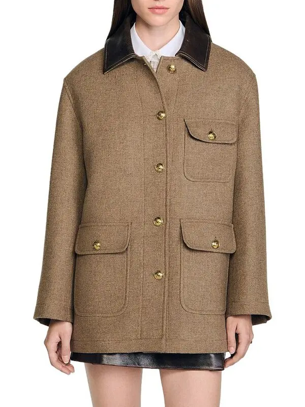 Sandro Owen Tweed Coat - Taupe
