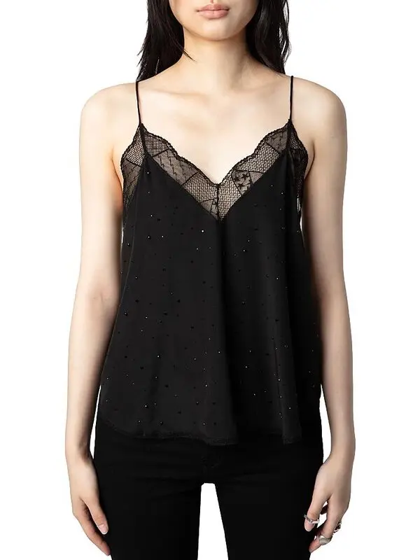 Zadig&Voltaire Silk Lace Trim Embellished Cami - Noir