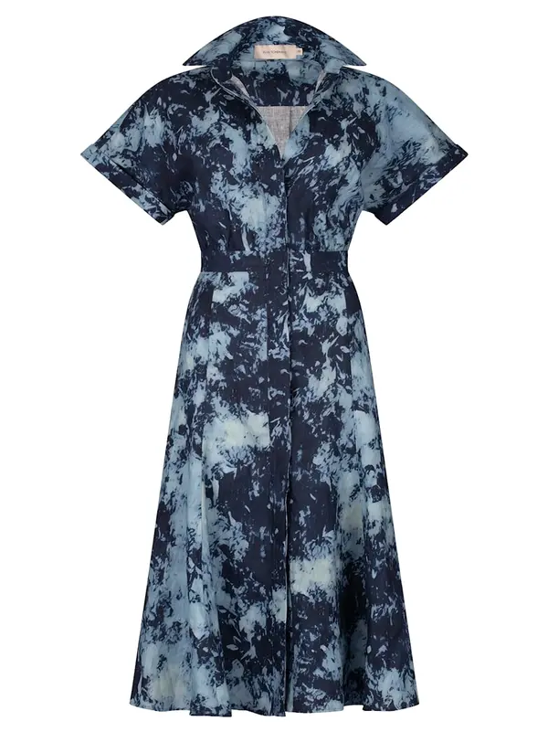 Silvia Tcherassi Noor Tie-dye Linen Midi Shirtdress - Indigo