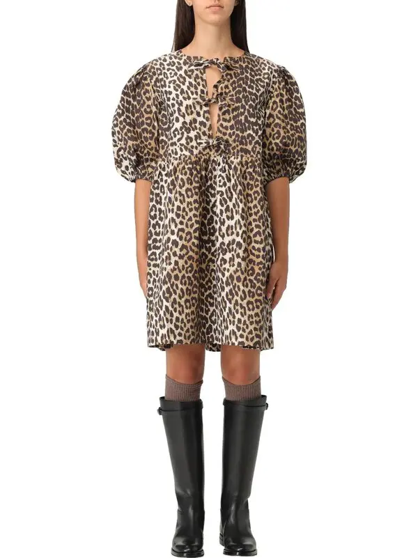 GANNI Leopard Print Puff Sleeve Dress - Brown