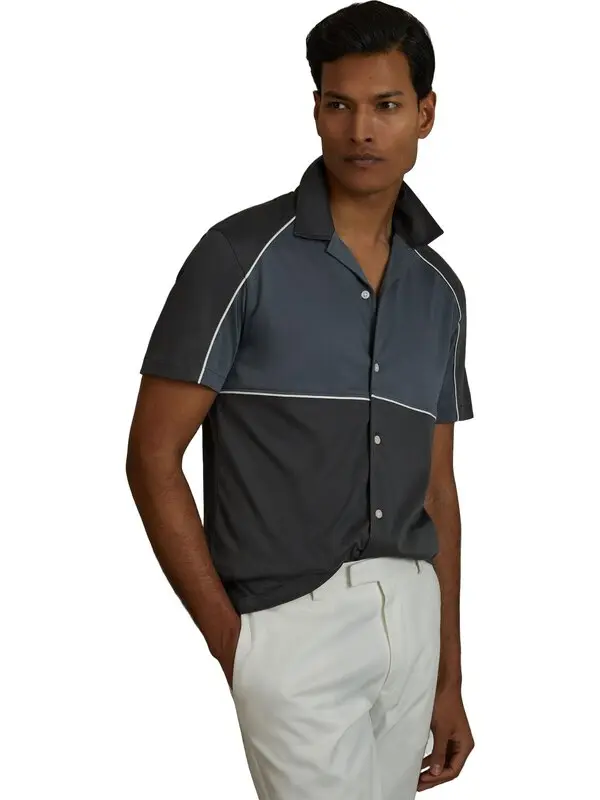REISS Gino Mercerised Cotton Colourblock Cuban Collar Shirt - Blue Multi