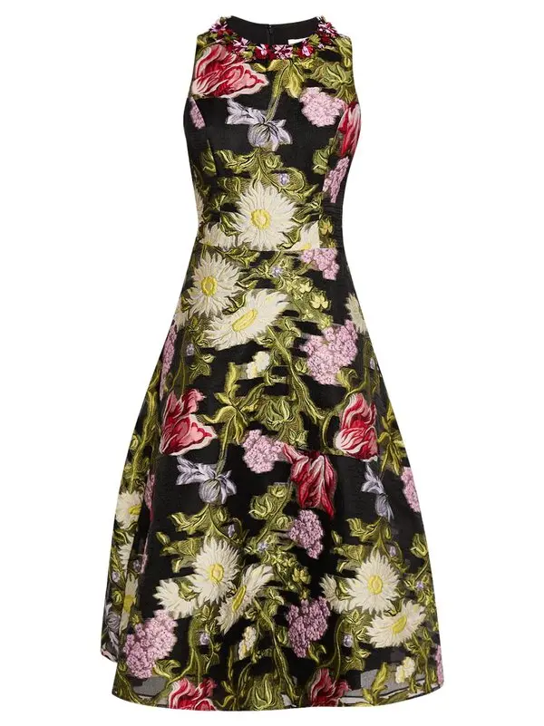Rickie Freeman For Teri Jon Beaded Floral Jacquard Midi Dress - Black Mult