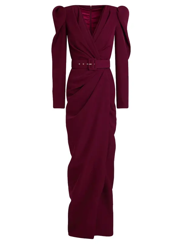 RHEA COSTA Wrap-effect Belted Gown - Burgundy