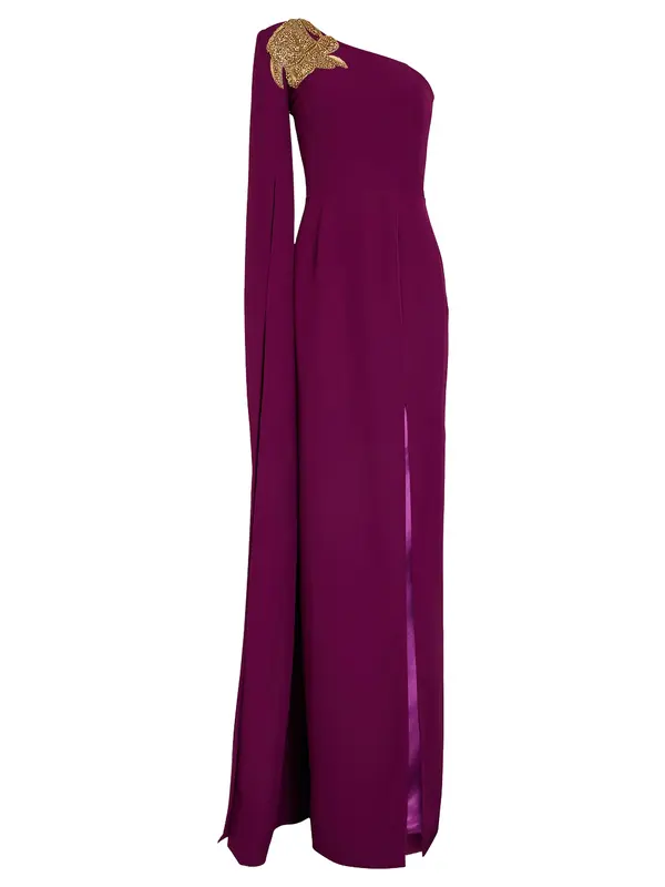 RHEA COSTA One-sleeve Crystal-embellished Gown - Plum