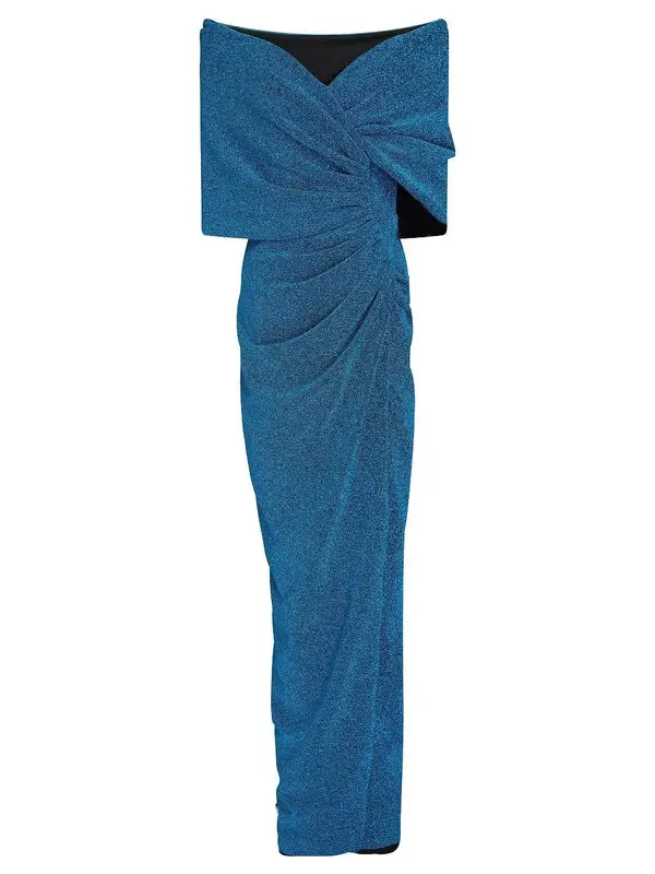 RHEA COSTA Off-the-shoulder Metallic Jersey Gown - Cobalt Blue
