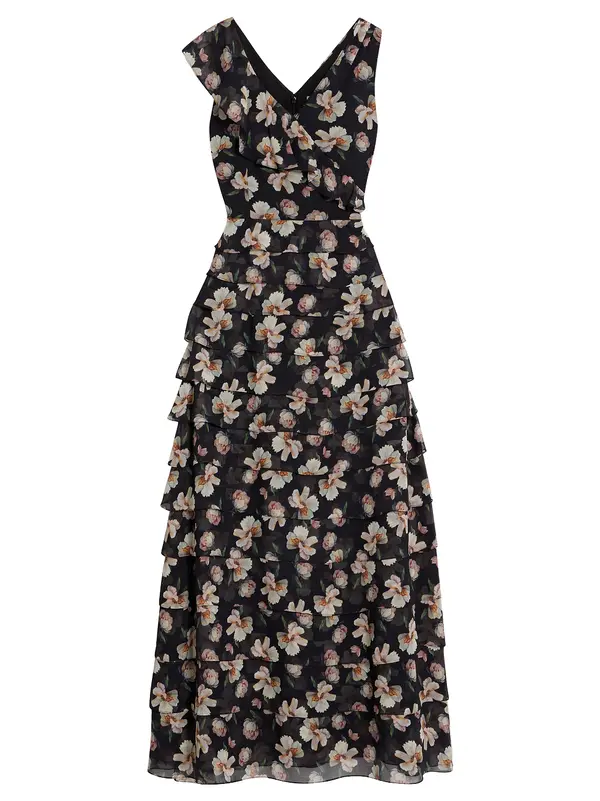 MIKAEL AGHAL Tiered Ruffled Floral-print Chiffon Gown - Black
